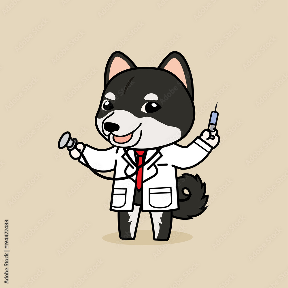 Cute cartoon character design Black Shiba Inu dog in Doctor costume ...