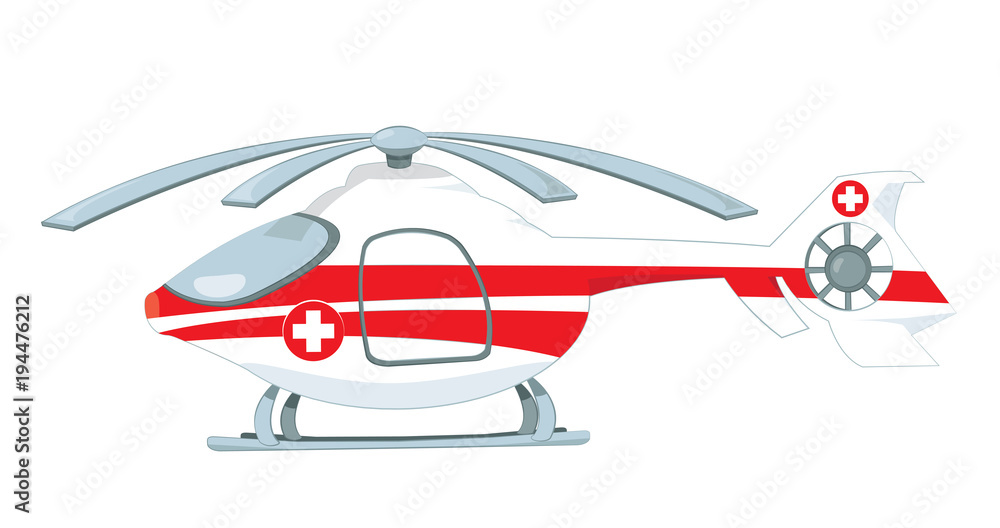 a vector cartoon representing a red and white medical helicopter, with ...