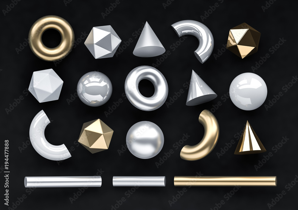 ภาพประกอบสต็อก Set of 3d render realistic primitives on black background. Isolated graphic ...