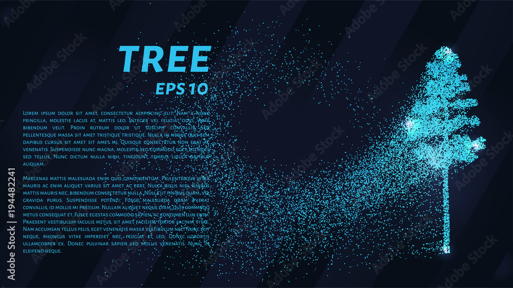 The tree of particles. Tree wind tears of small circles and dots ...