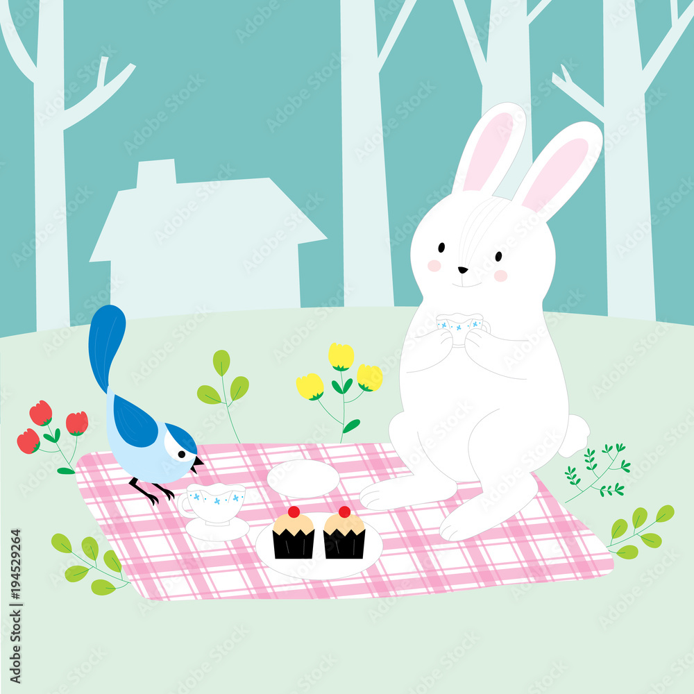 Cartoon cute white rabbit and blue bird drinking tea time in the garden ...