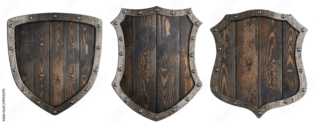 Wooden medieval heraldic shields set isolated 3d illustration Stock ...