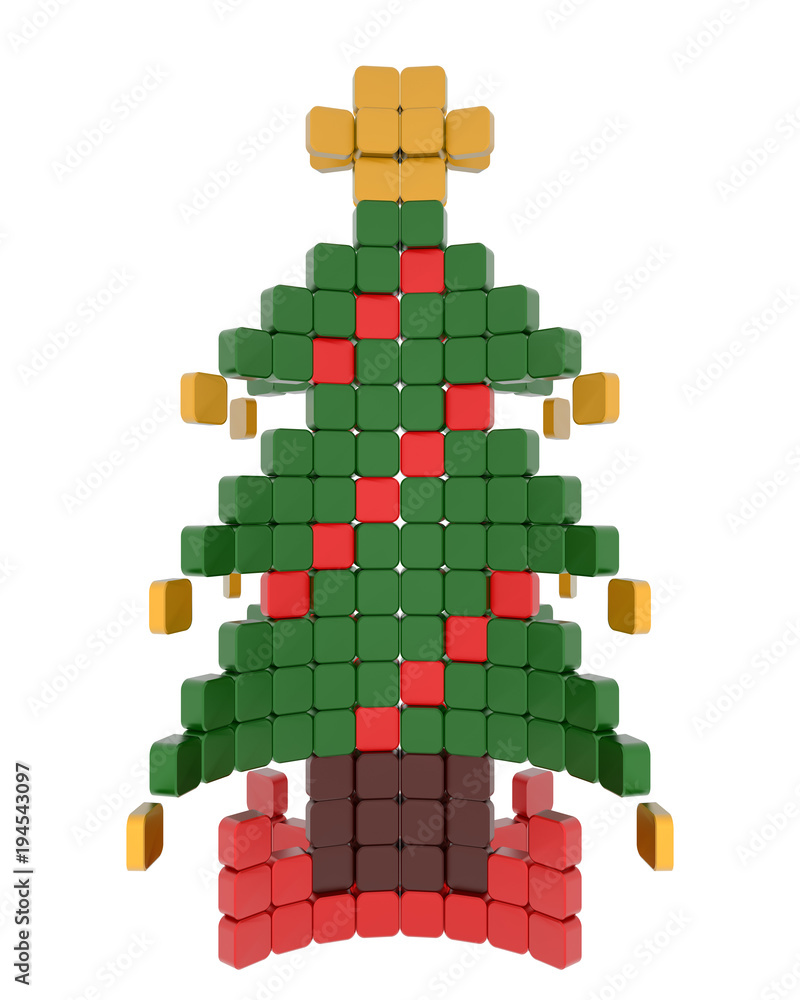 Christmas tree voxel art. 3D render. Isolated on white. Stock ...