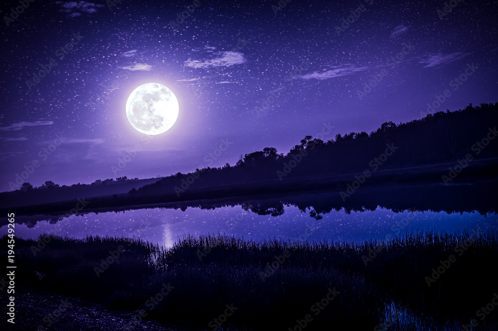 Night sky with full moon and many stars, serenity nature background ...