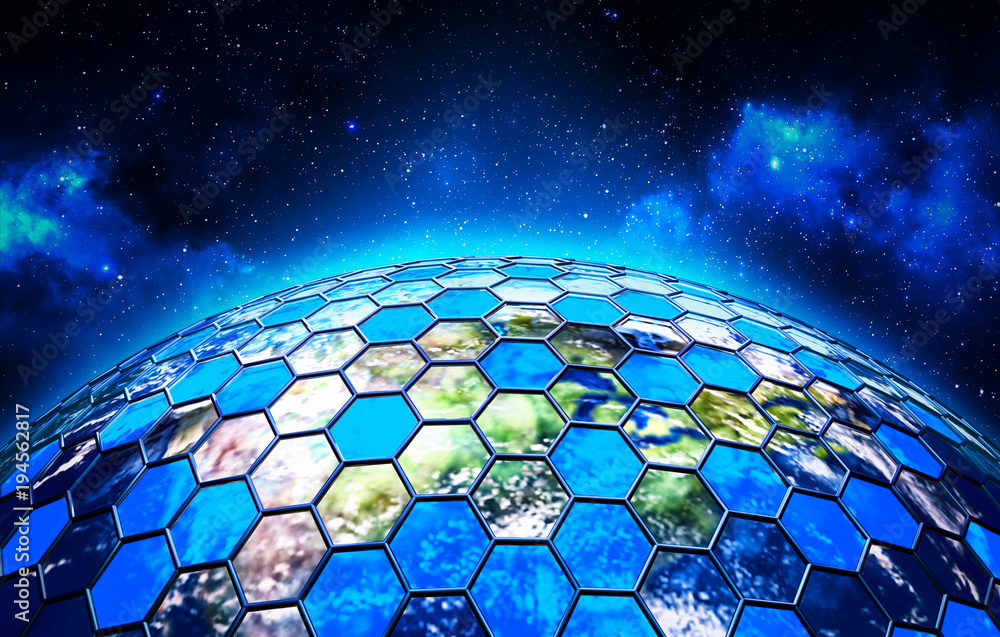 Global network security and data protection concept, grid around the ...