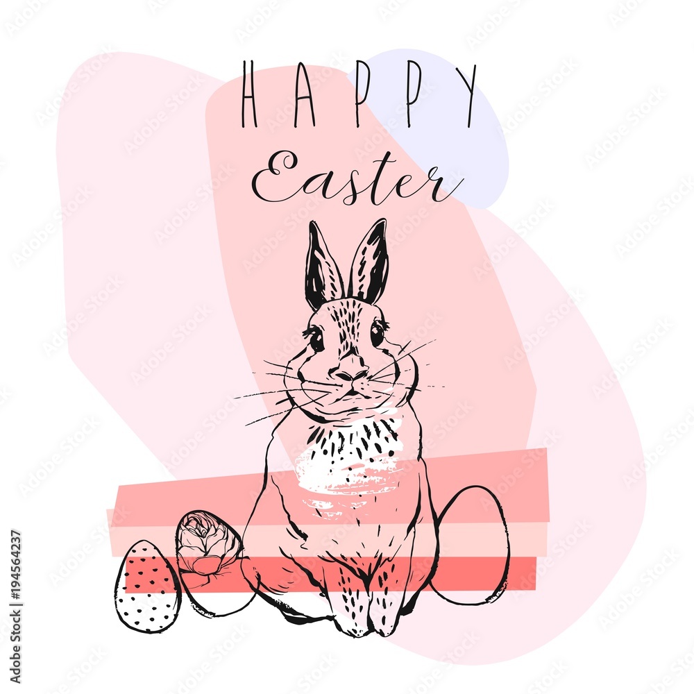 Hand drawn vector abstract collage funny poster with realistic rabbit ...