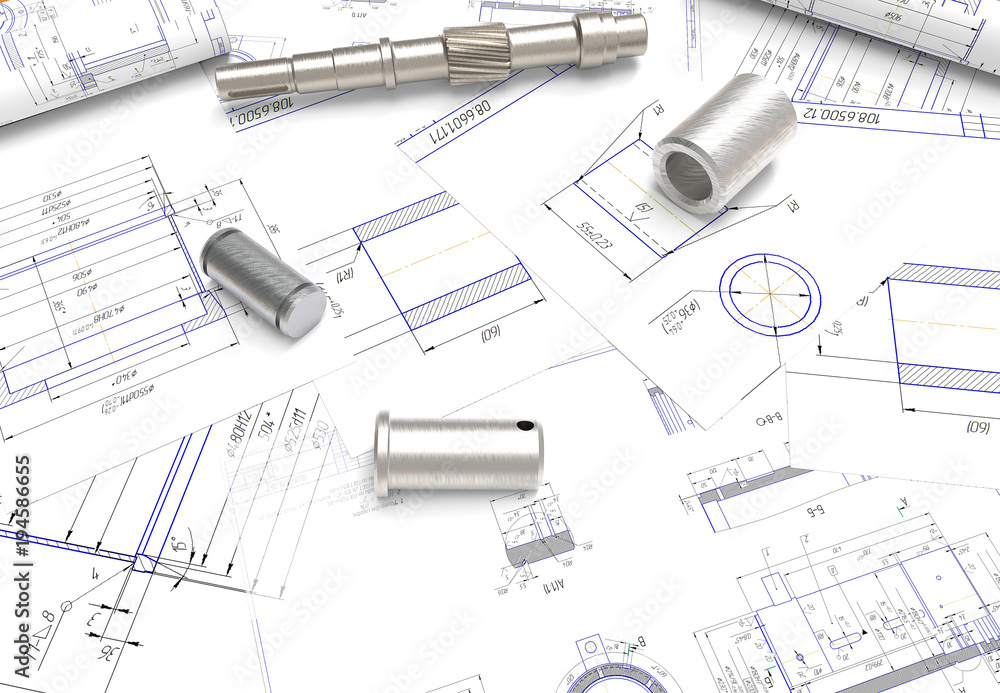 drawing of machine parts. Design documentation. Drawings and metal ...