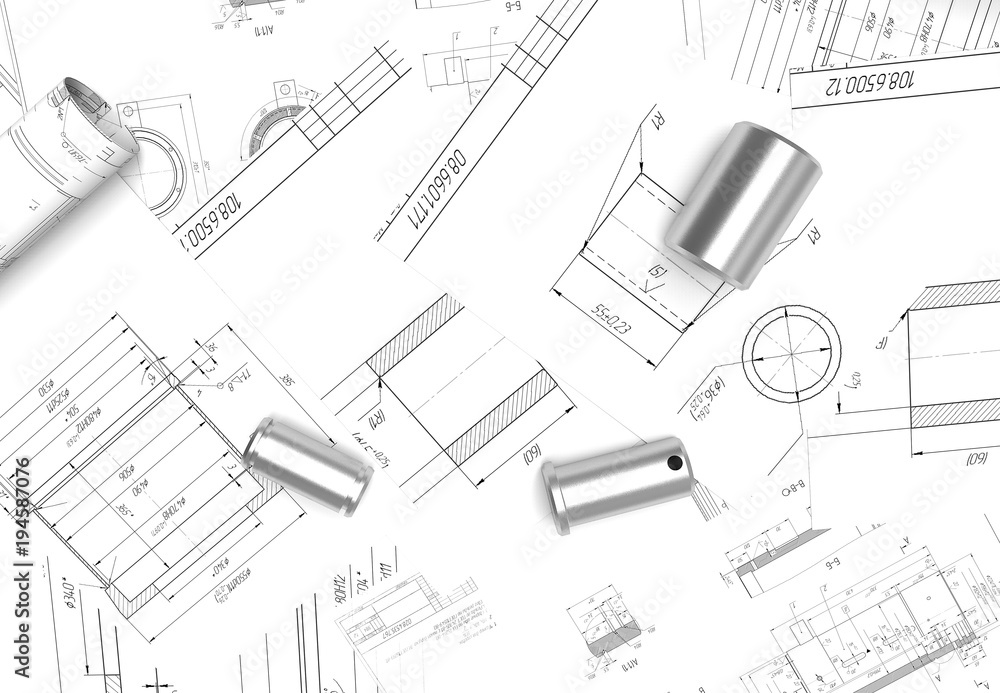 drawing of machine parts. Design documentation. Drawings and metal ...