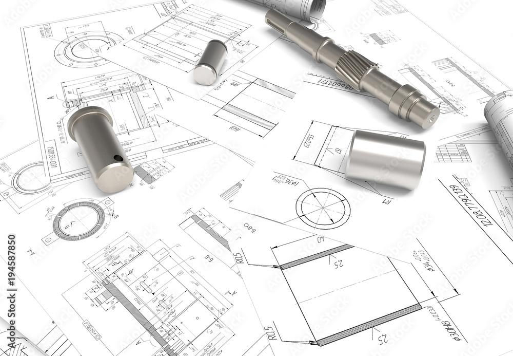 drawing of machine parts. Design documentation. Drawings and metal ...