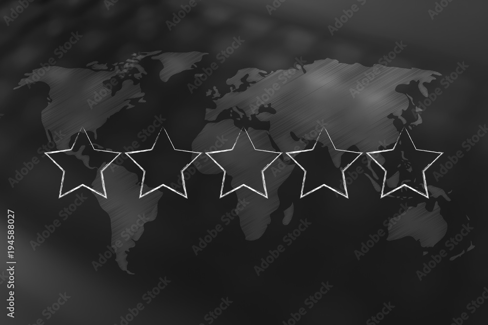 world map over unfocuse keyboard background with five star rating on ...