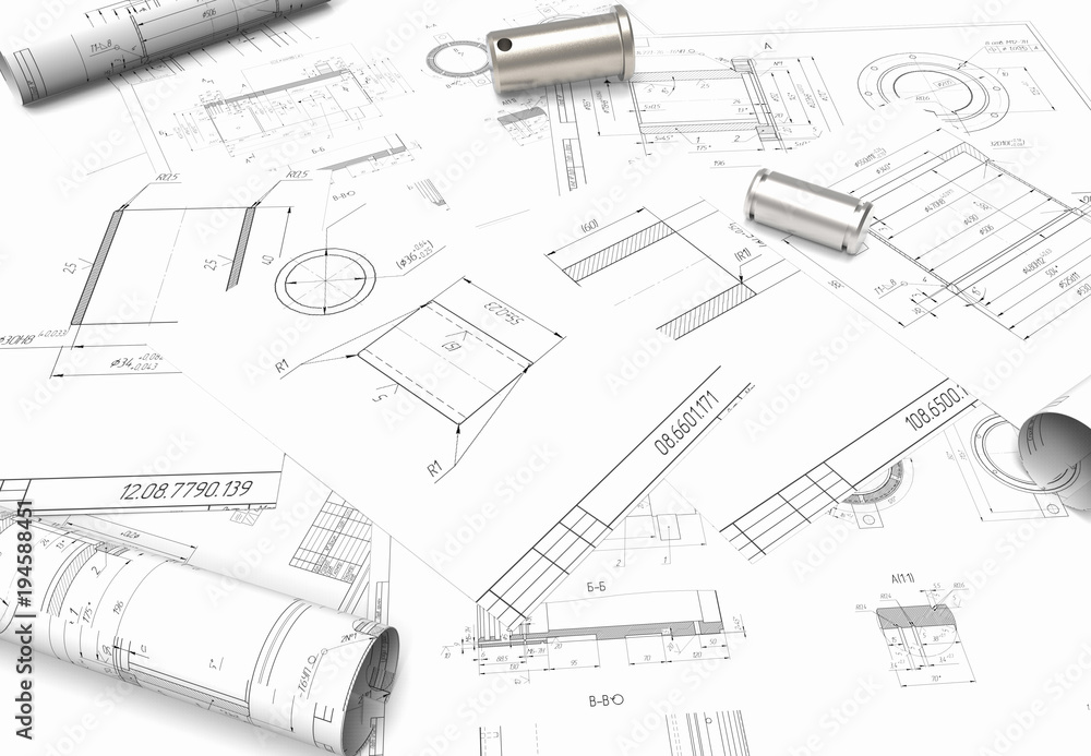 drawing of machine parts. Design documentation. Drawings and metal ...