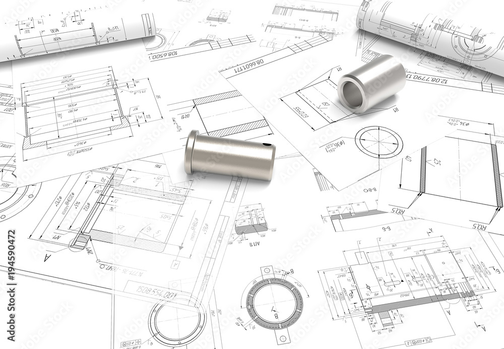 drawing of machine parts. Design documentation. Drawings and metal ...