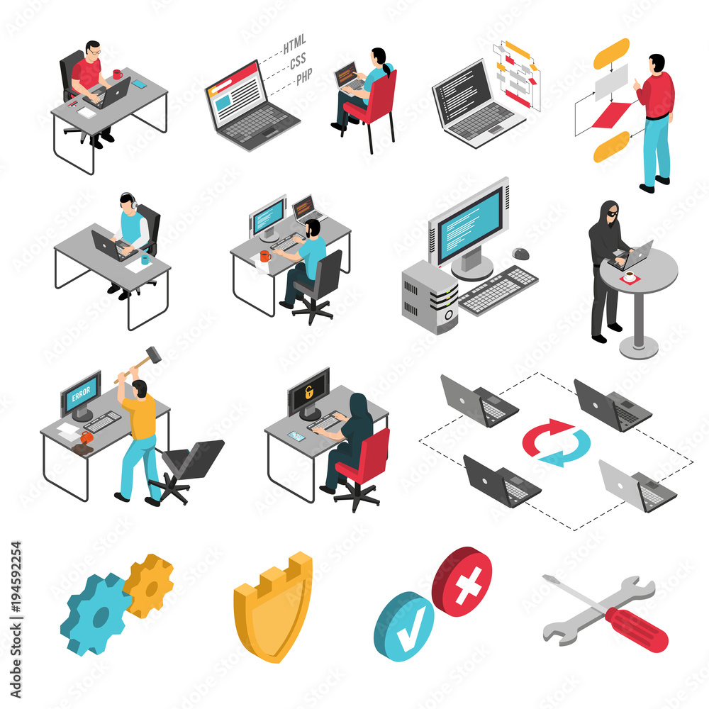 Programmers Work Isometric Icons Set Stock Vector | Adobe Stock