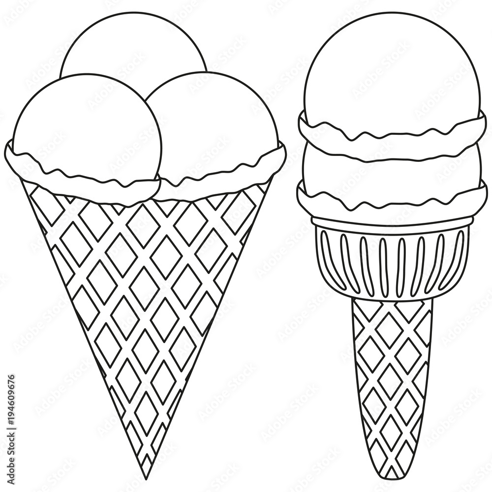 Line art ice cream 2 3 ball cone black and white icon set. Stock Vector ...