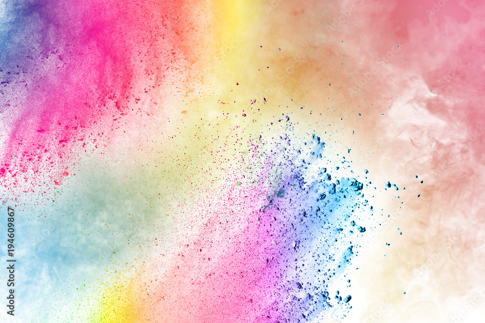 abstract color powder explosion on white background.Freeze motion of ...