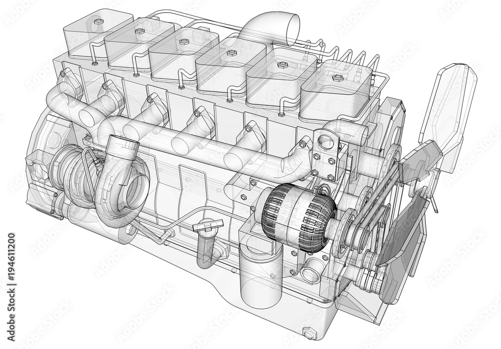 A big diesel engine with the truck depicted in the contour lines on ...
