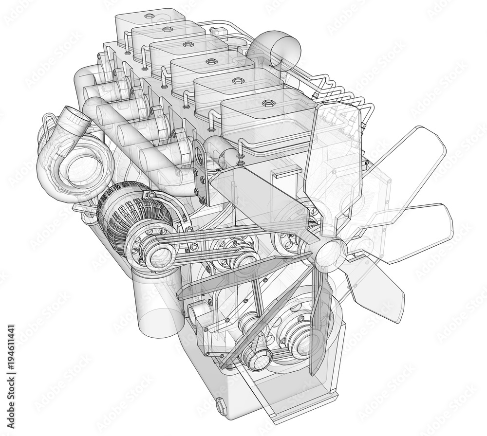 A big diesel engine with the truck depicted in the contour lines on ...