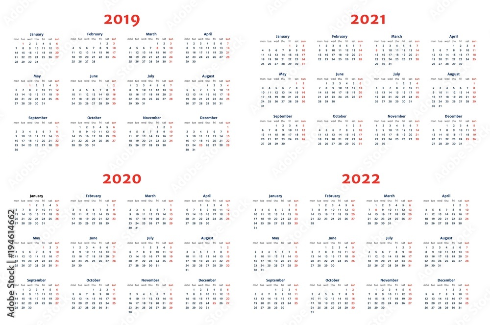 Calendar for 2019-2022 Years on Transparent Background. Week Starts at ...