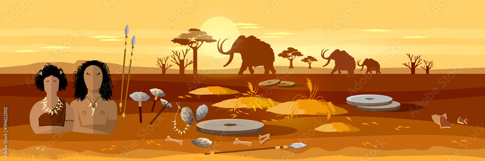 Cave man and cave woman banner. Neolithic, paleolith, mesolith ...