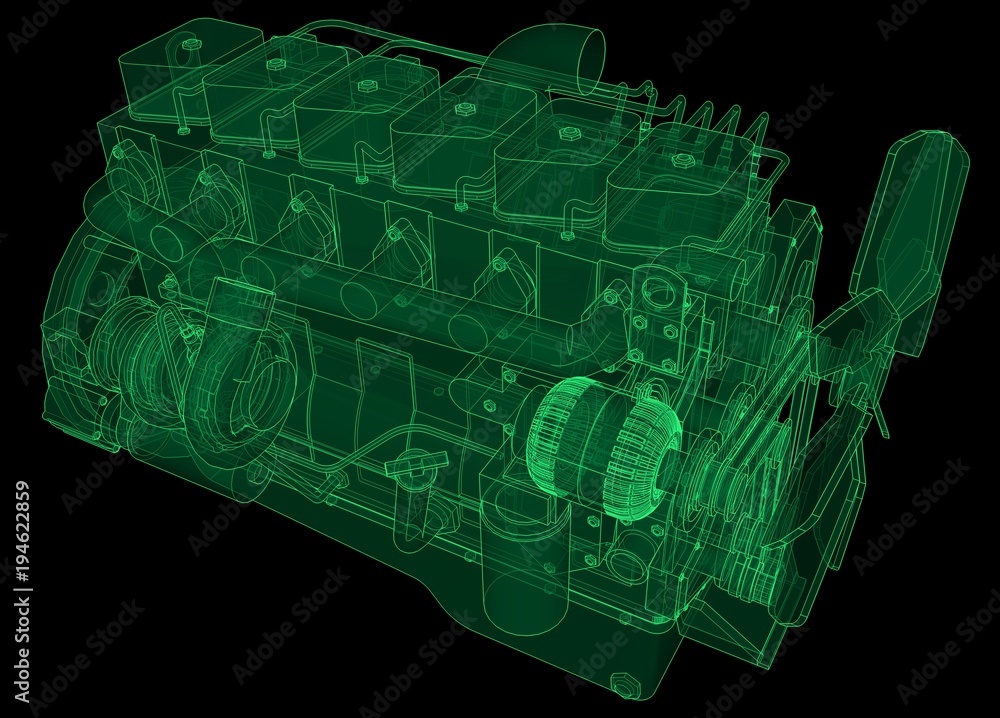 A big diesel engine with the truck depicted in the contour lines on ...