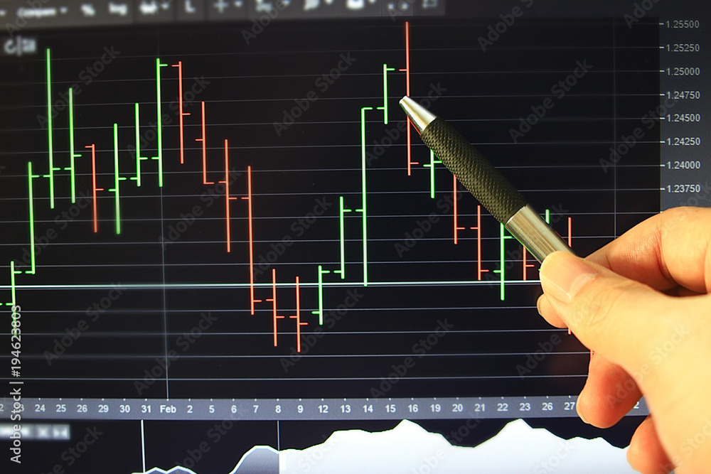 Pen point on screen with background bar chart trading. Stock Photo ...