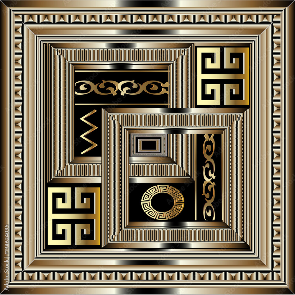 Luxury geometric greek key panel pattern. Square gold 3d meanders ...
