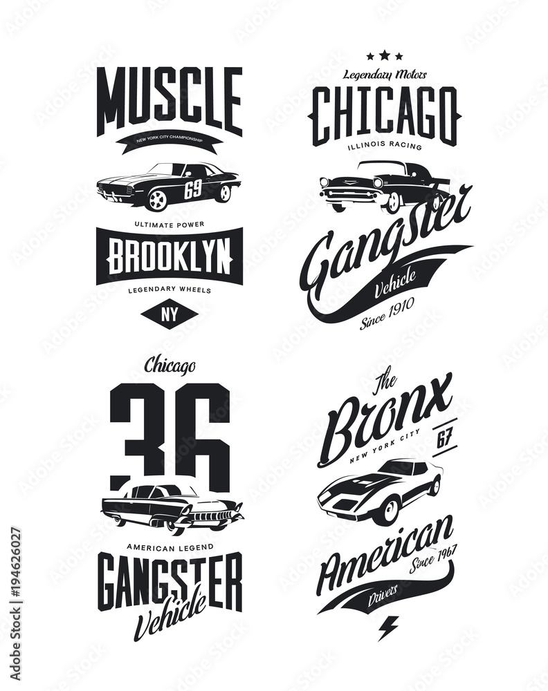 Vintage classic gangster, muscle car vector tee-shirt logo isolated set ...