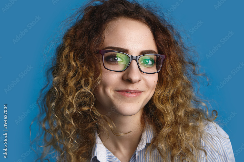 People, business, optics and eyewear concept. Studio shot of cheerful ...