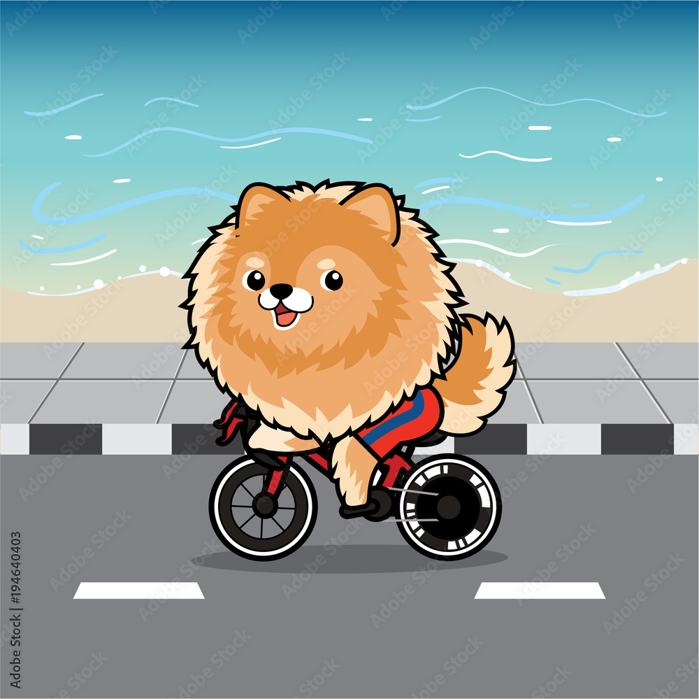 Cute cartoon character design Pomeranian dog action ridding a bicycle ...