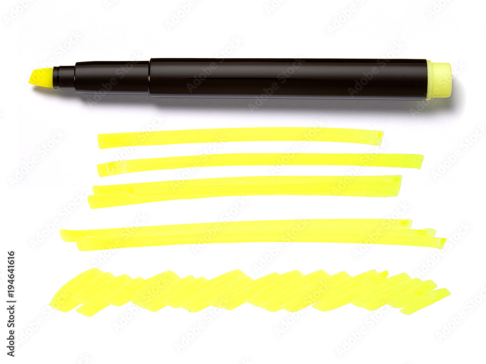 Yellow Highlighter Pen and Doodles Isolated on White Background with ...