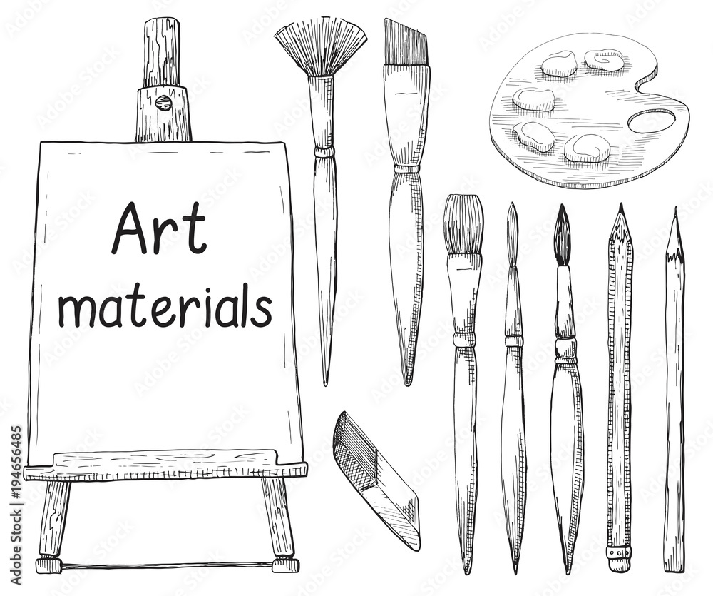 Hand drawn art material isolated on white background. The inscription ...