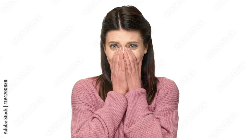 Emotional mature woman 30s with long brown hair crying in joy and ...