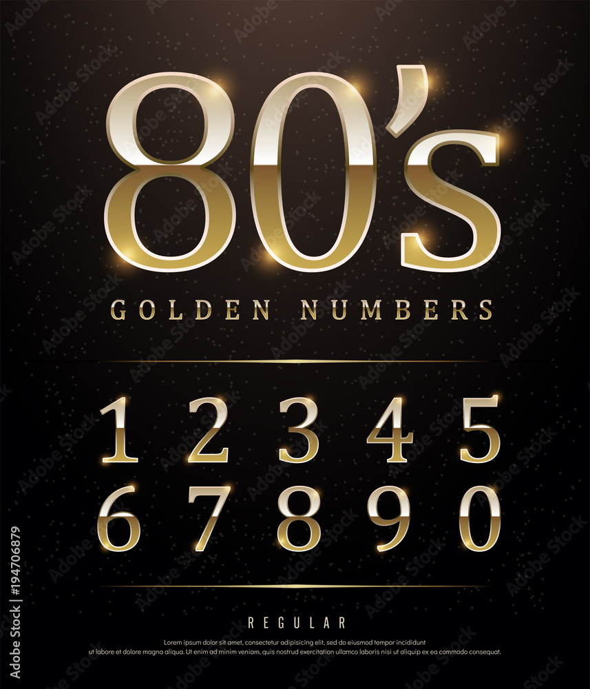 80s Retro Elegant Numbers Gold Colored Metal Chrome alphabet font ...