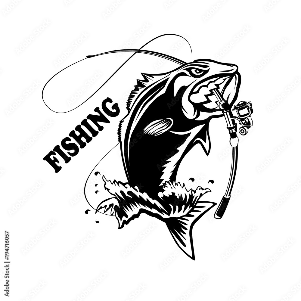 Fishing logo. Bass fish with rod club emblem. Fishing theme vector ...