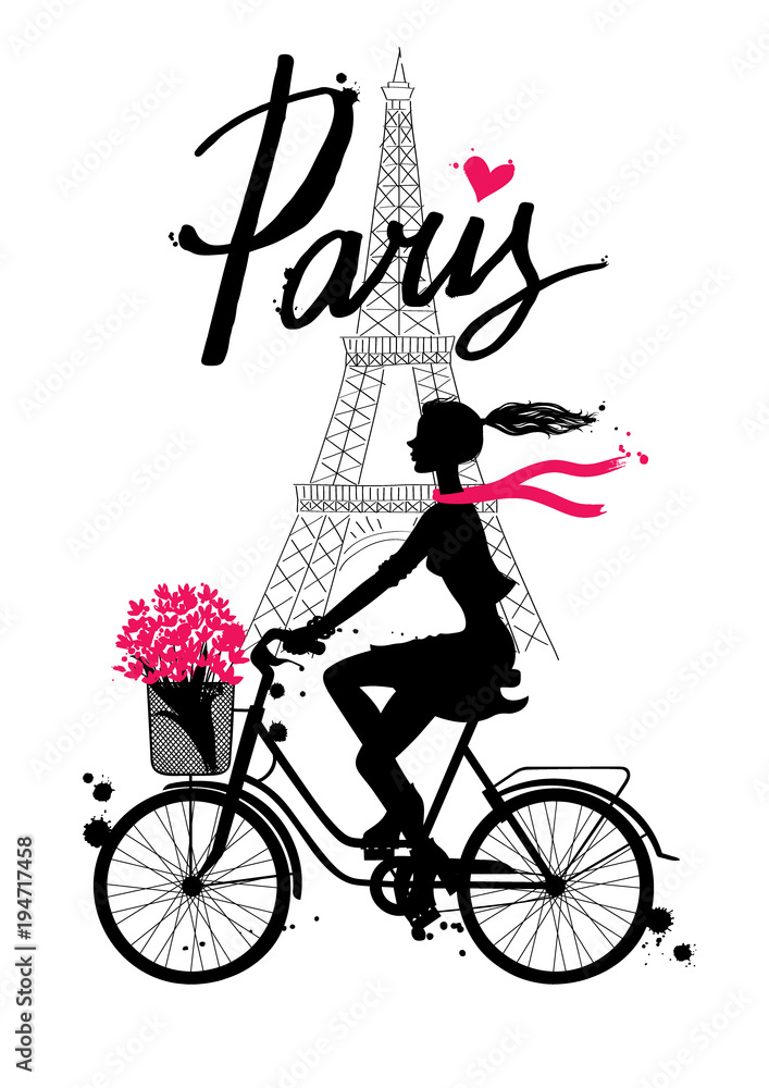 Bicycle_paris4/A girl rides a Bicycle. Paris. Vector hand drawn ...