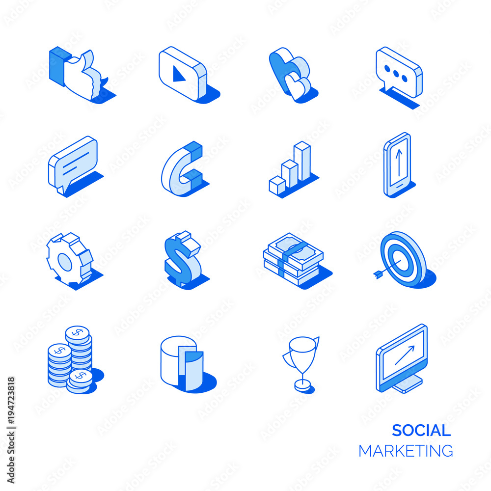 Isometric social marketing icons set. Line style 3D icons Stock Vector ...