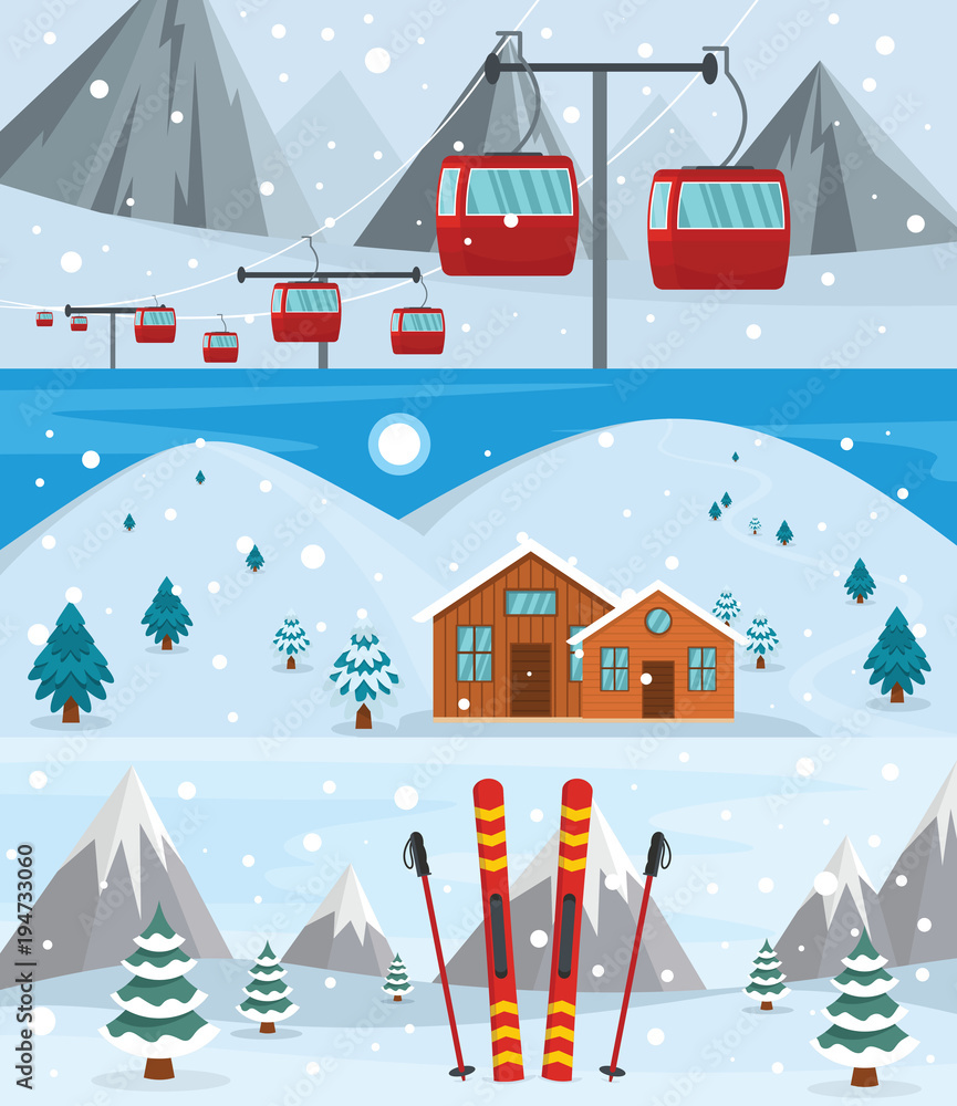 Resort hotel winter banner concept set. Flat illustration of 3 resort ...