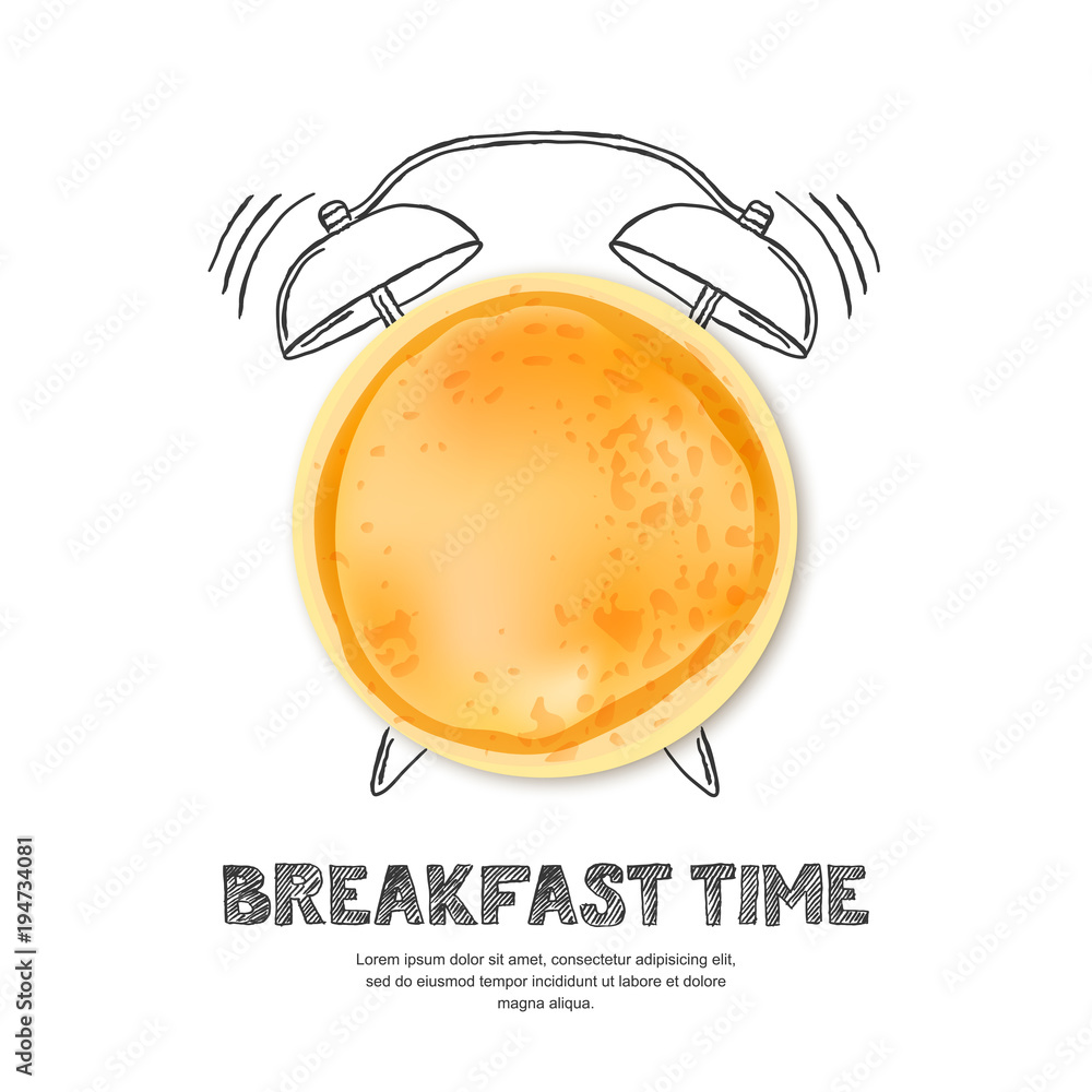 Tasty pancake, letters and hand drawn watercolor alarm clock isolated ...