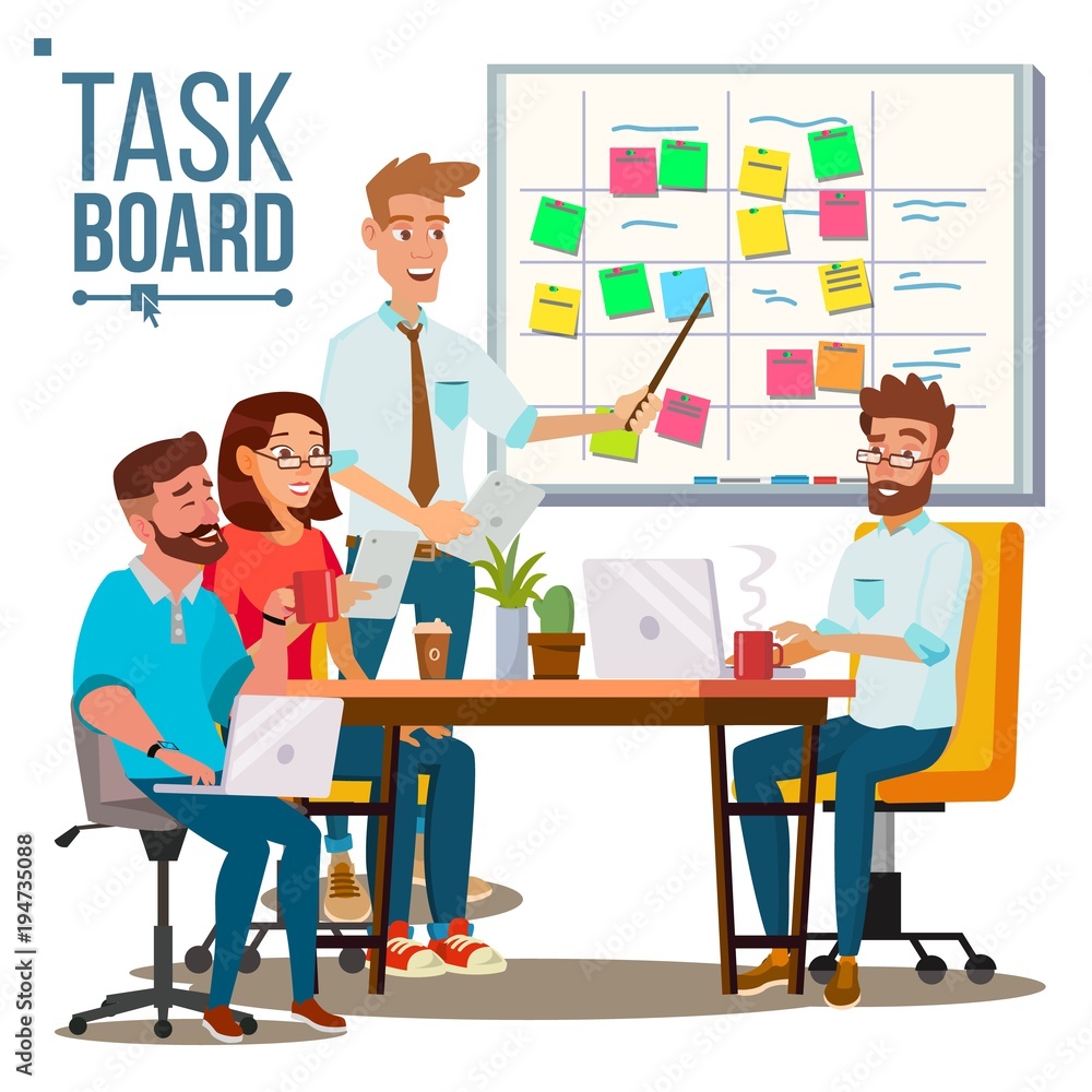 Business Characters Team Work Vector. Planning Team Work At The Scrum ...