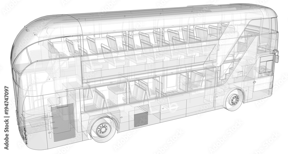 A double-decker bus, a translucent casing under which many interior ...