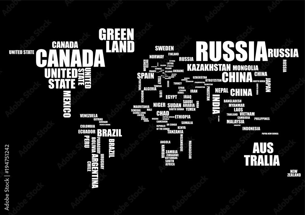 Typography world map with country names. Vector Stock Vector | Adobe Stock