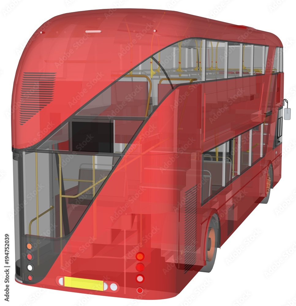 A double-decker bus, a translucent casing under which many interior ...