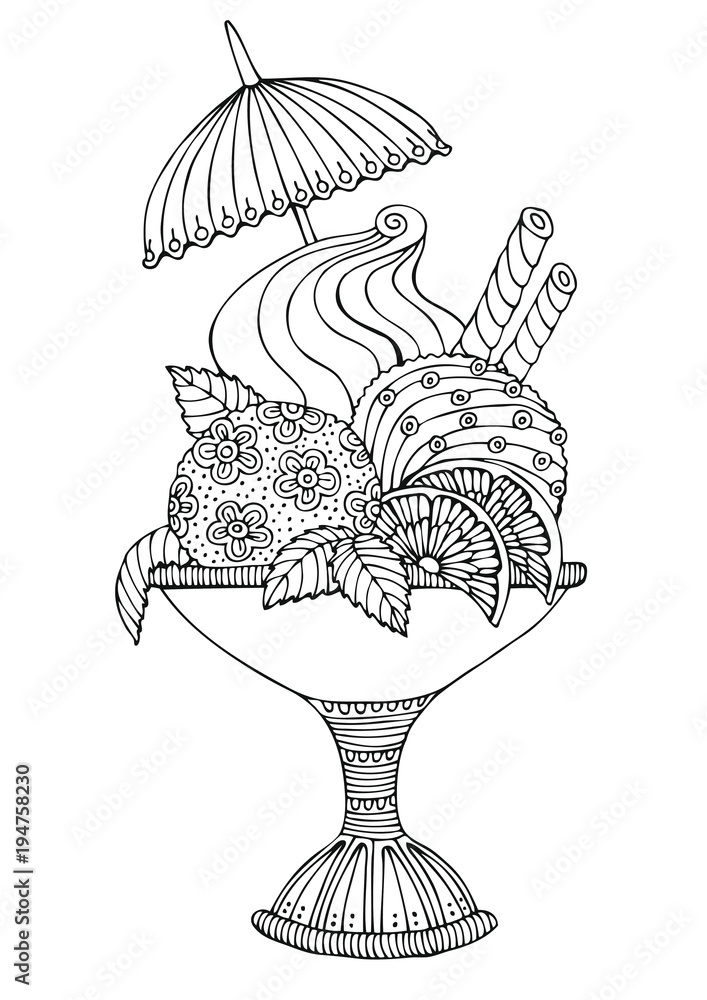 Sundae. Hand drawn picture. Sketch for anti-stress adult coloring book ...