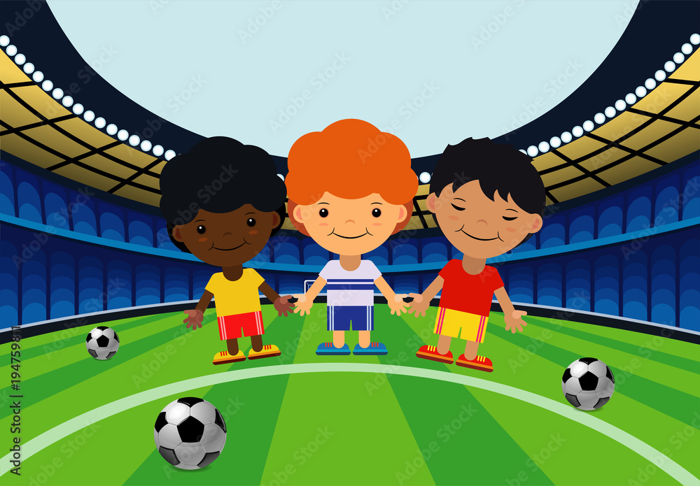Children in the stadium play football. Vector. The cartoon. Flat style ...