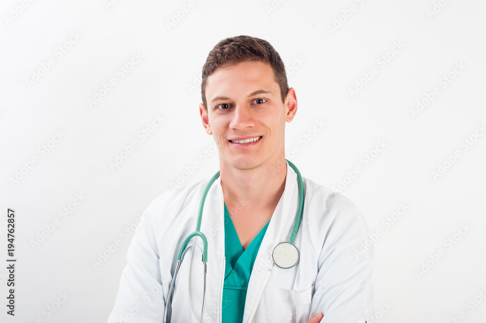 Medical portrait. Male nurse or young man doctor smiling happy and ...