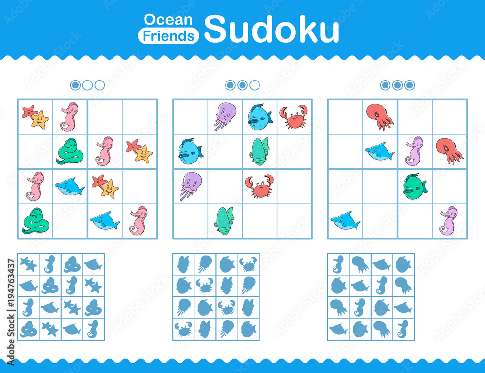 Childrens sudoku puzzle with cartoon ocean animals Stock Vector | Adobe ...