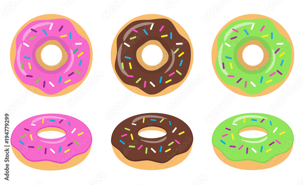 Colorful glazed donut set on white background. Strawberry, chocolate ...
