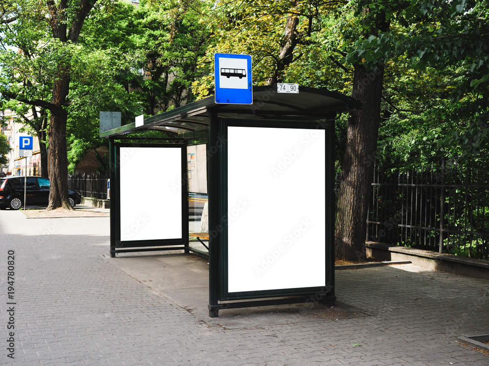 Bus tram stop, shelter, white empty place for street ads, advertisement ...