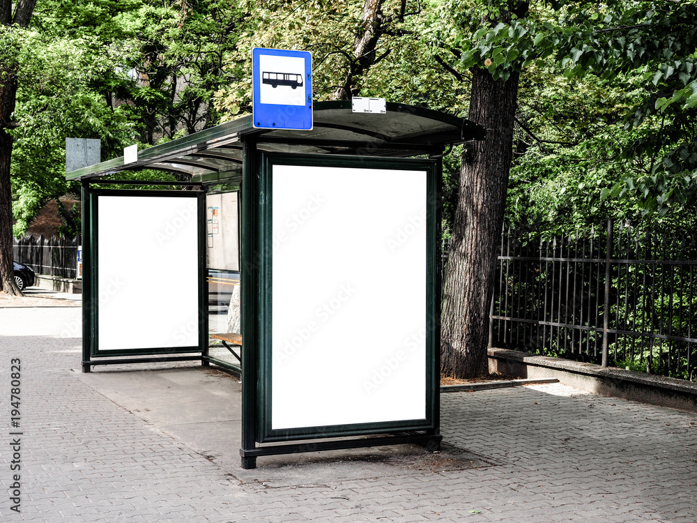 Bus tram stop, shelter, white empty place for street ads, advertisement ...