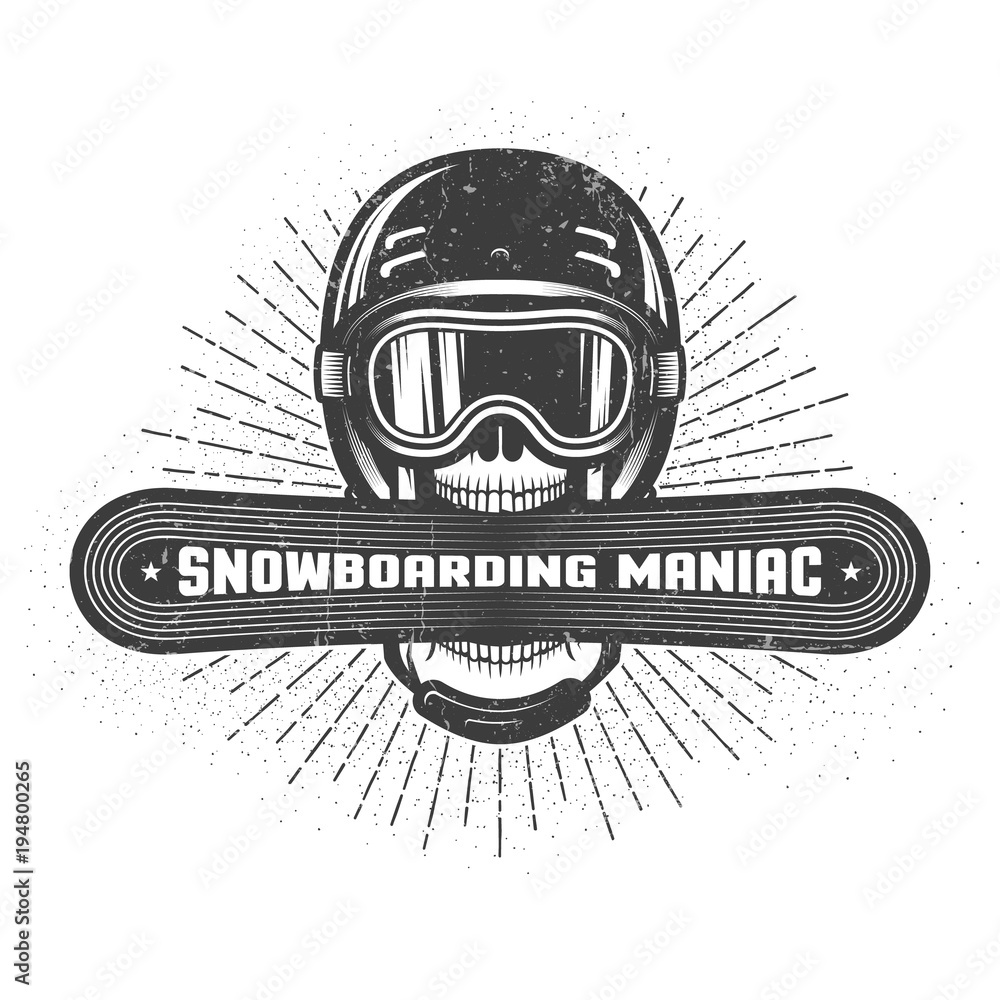 Snowboarding logo with man's head in helmet and goggles, snowboard and ...